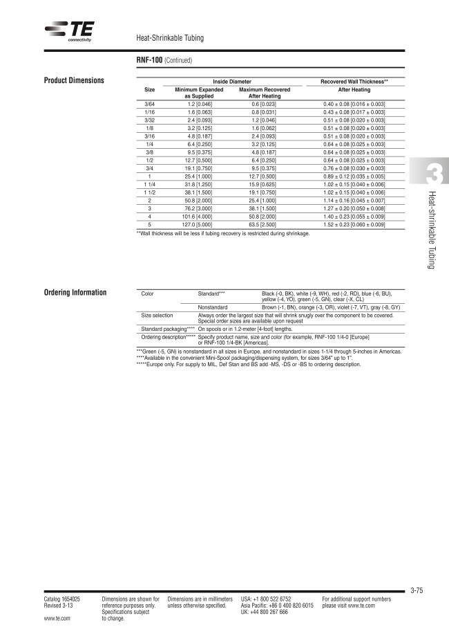 TE Connectivity 熱収縮チューブ, 収縮前 1.6mm, RNF-100シリーズ | TE Connectivity | MISUMI(ミスミ)