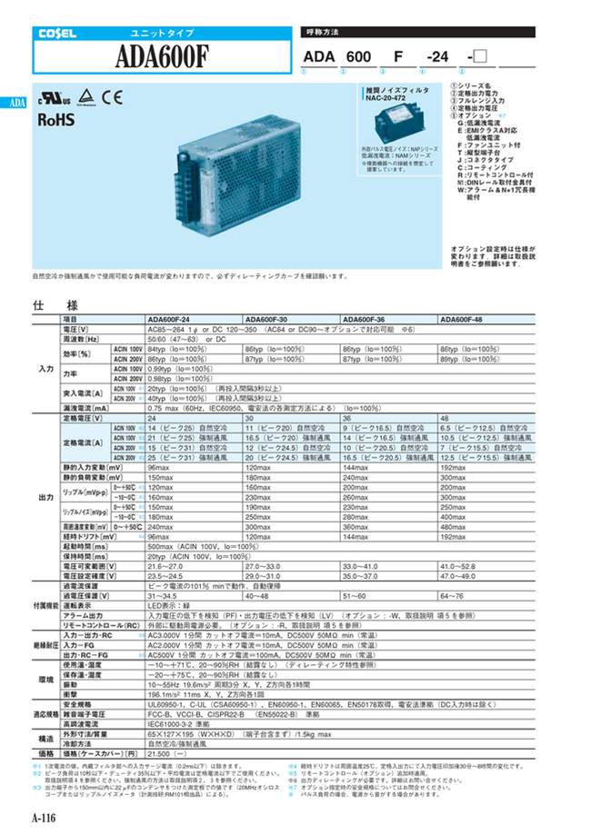 ADA600F-24 | ADA600Fモデル 600W定格出力 ｽｲｯﾁﾝｸﾞﾃﾞﾝｹﾞﾝADAｼﾘｰｽﾞ | コーセル | MISUMI(ミスミ)
