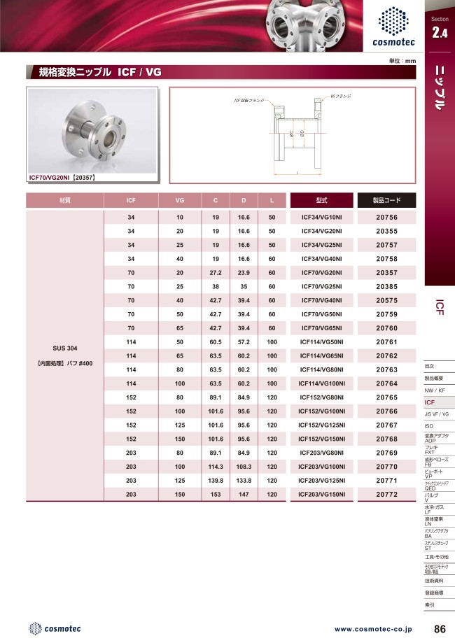 ICF70/VG50NI | ICF規格 規格変換ニップル ICF-JIS VG | コスモ・テック | MISUMI(ミスミ)