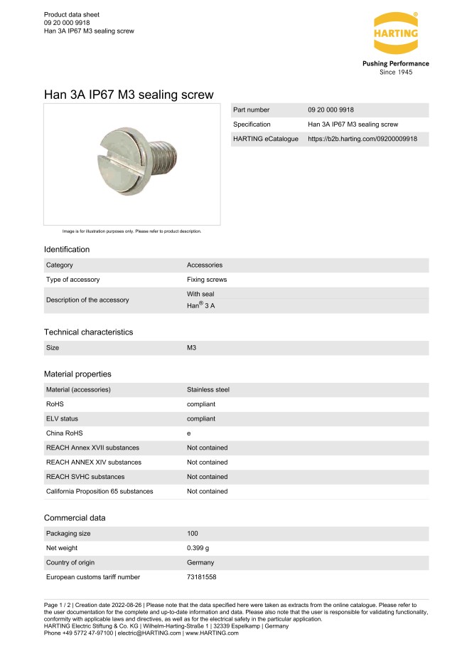 Han(R) 産業用コネクタ・アクセサリー （メーカー型番：09200009918) | HARTING | MISUMI(ミスミ)