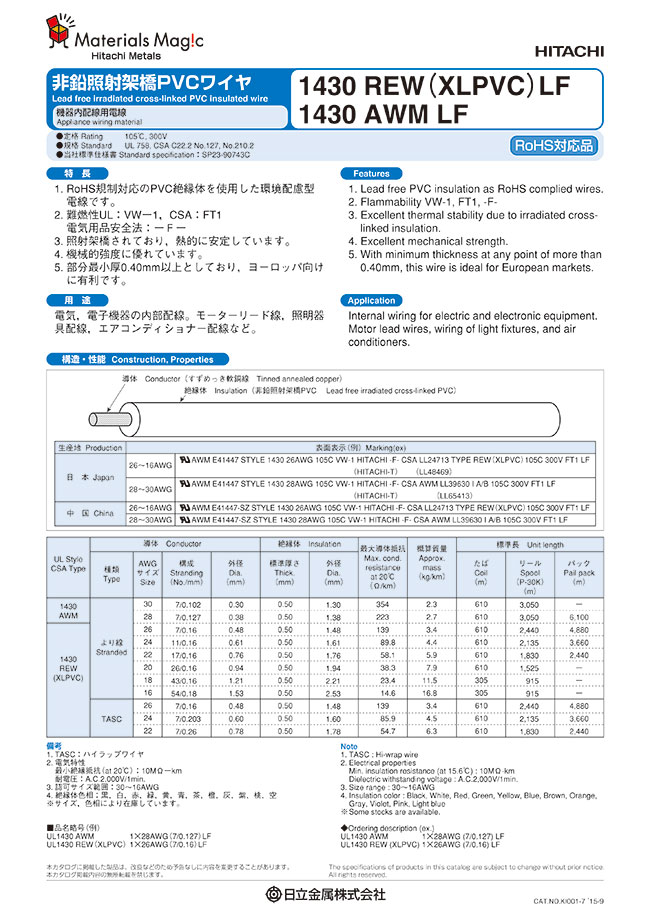 UL1430 AWG16-W-305 | 非鉛照射架橋PVCワイヤ 1430 REW（XLPVC） LF | プロテリアル（旧日立金属 ...