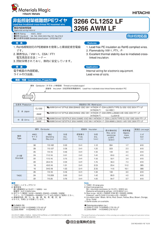 非鉛照射架橋難燃PEワイヤ 3266 CL1252／AWM LF | プロテリアル（旧日立金属） | MISUMI(ミスミ)