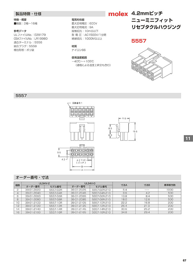 5557-04R | 4.2mmピッチ ニューミニフィット ハウジング 5557 | モレックス | ミスミ | 417-6766