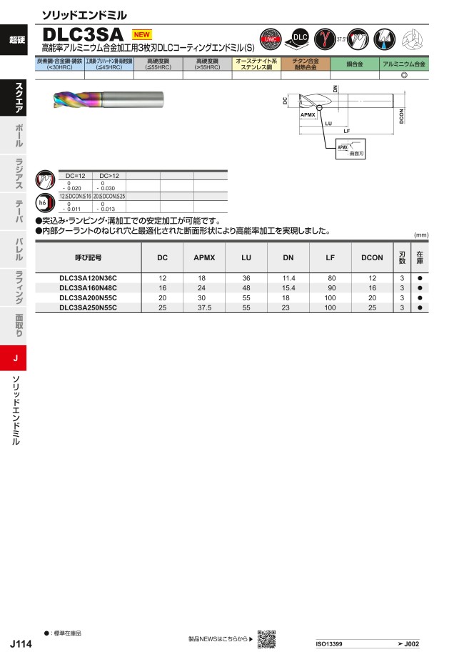 DLC3SA 高能率アルミニウム合金加工用3枚刃DLCコーティングエンドミル（S） | 三菱マテリアル | MISUMI(ミスミ)