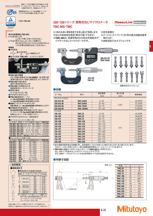 126-125-KOUSEI | 126シリーズ 替駒式ねじマイクロメータ TMC（ミツトヨ品番） メーカー校正付 | ミツトヨ | MISUMI(ミスミ)