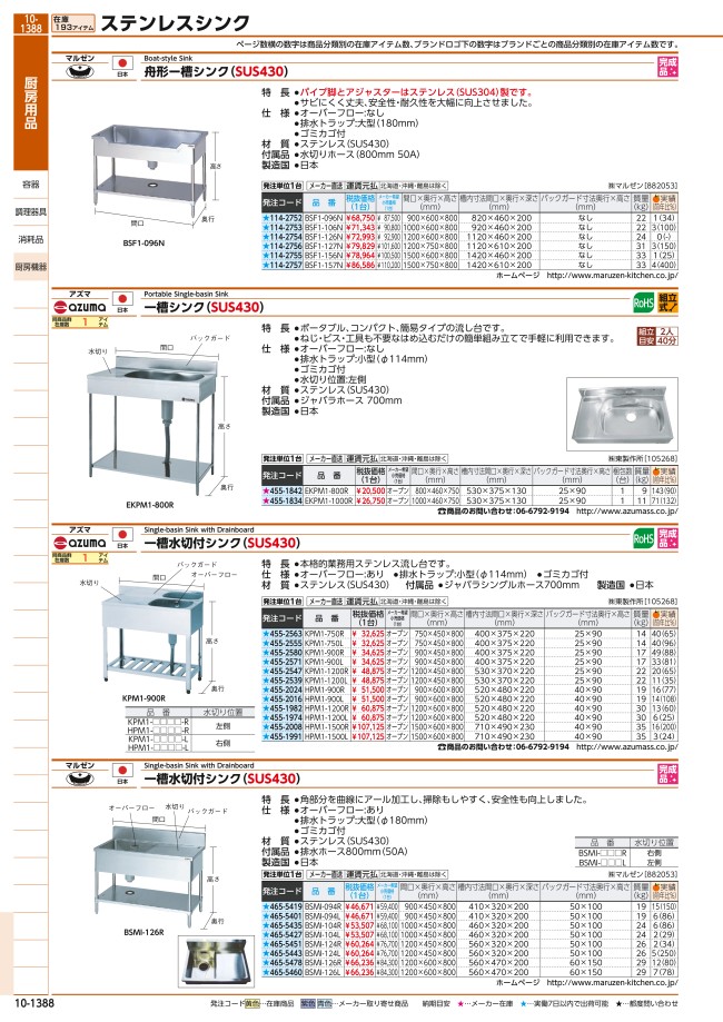 BSF1-126N | 舟型シンク バックガードなし（ホース付） | マルゼン | ミスミ | 114-2754