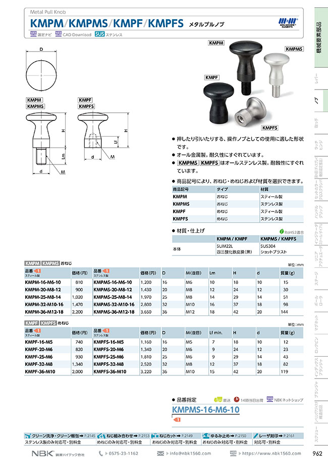 KMPF-16-M5 | KMPM／KMPMS／KMPF／KMPFS メタルプルノブ | 鍋屋バイテック | MISUMI(ミスミ)