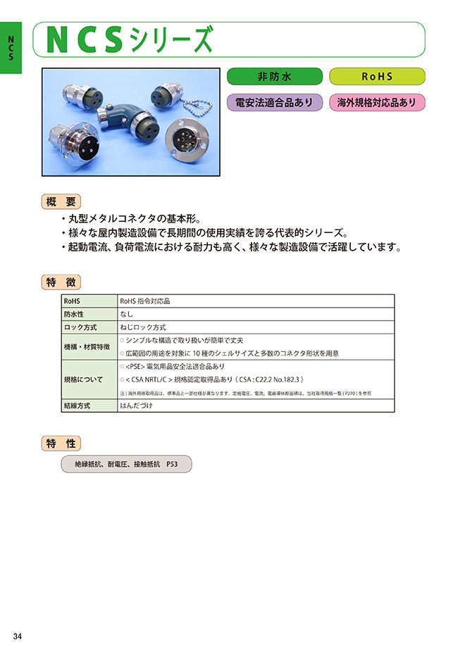 NCS-252-P | 非防水メタルコネクタ プラグ、レセプタクル、アダプタ NCSシリーズ | 七星科学研究所 | ミスミ | 413-2351