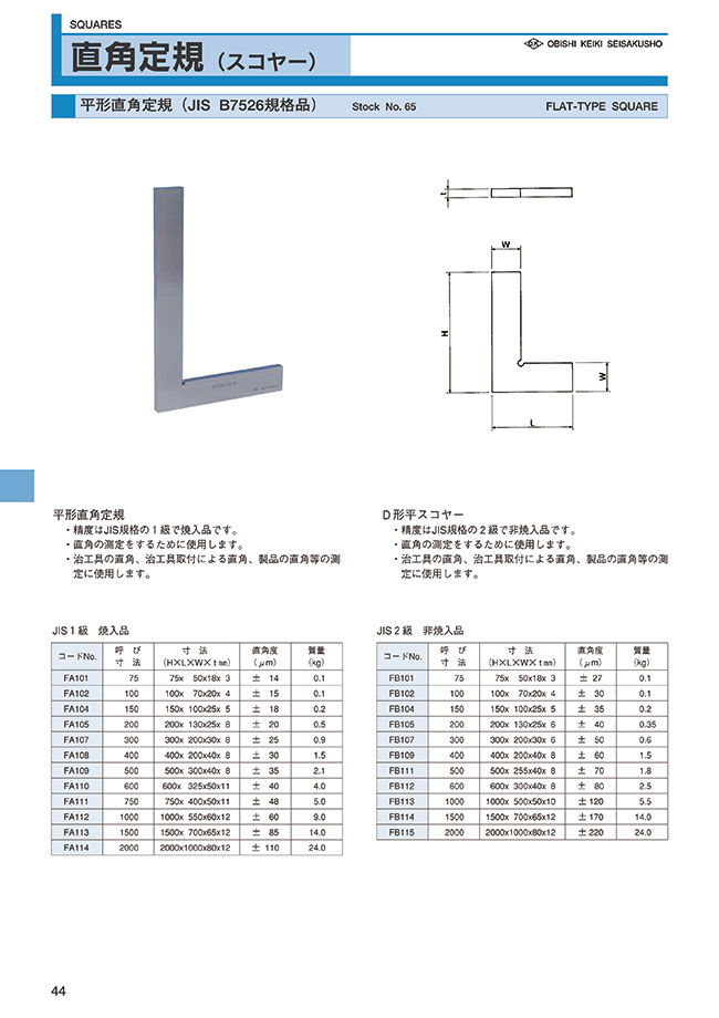 平形直角定規JIS1級焼入（JIS B7526規格品） | 大菱計器製作所 | MISUMI(ミスミ)
