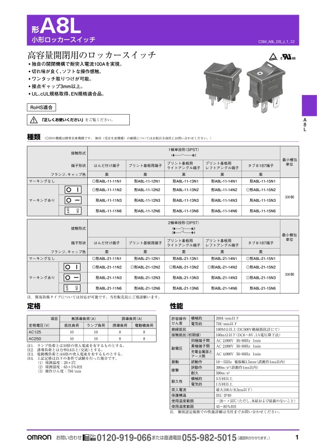 A8L-21-15N2 | 小形ロッカースイッチ A8L | オムロン | MISUMI(ミスミ)