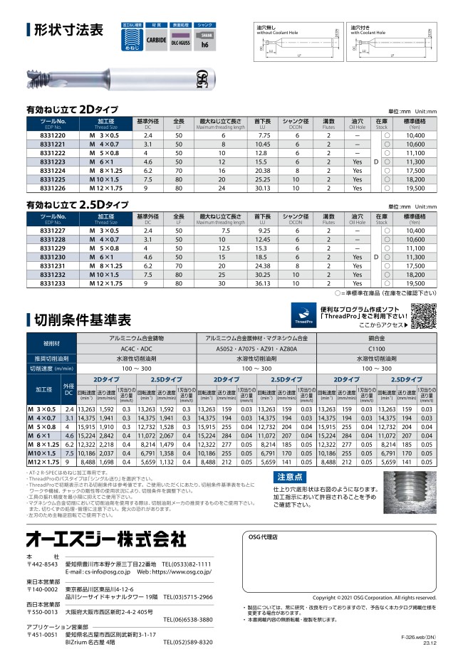 非鉄用底刃付き高能率スレッドミル 2Dタイプ | オーエスジー | MISUMI(ミスミ)