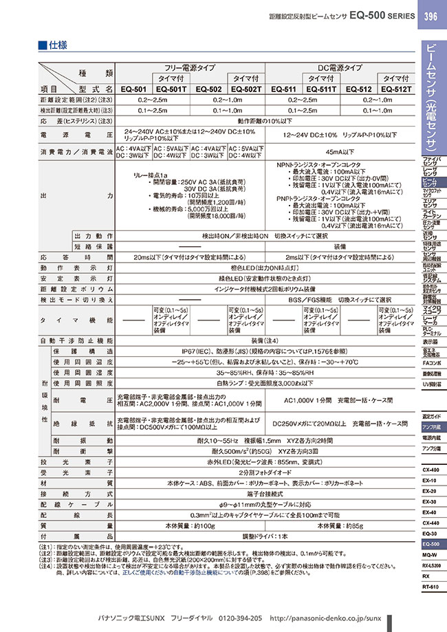 EQ-511 | 距離設定反射型ビームセンサ[アンプ内蔵/フリー電源] （EQ-500） | Panasonic | MISUMI(ミスミ)
