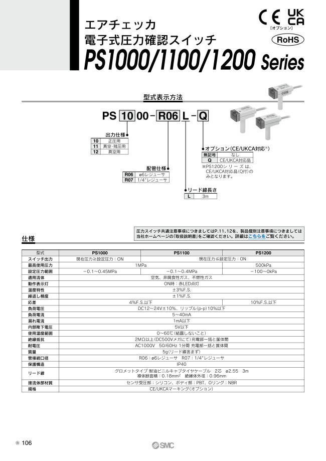 PS1000-R06L | エアチェッカ 電子式圧力確認スイッチ PS1000／1100／1200シリーズ | SMC | MISUMI(ミスミ)