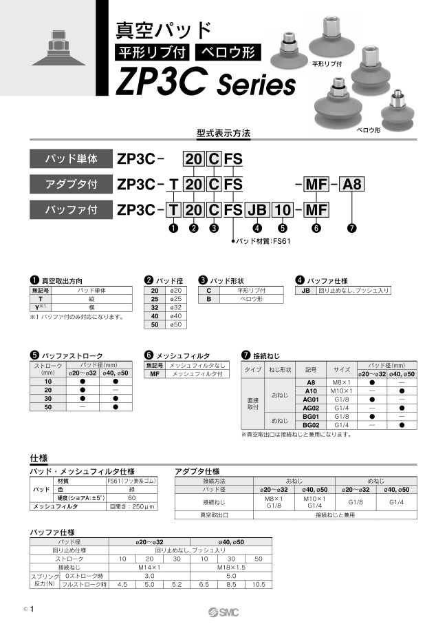 真空パッド 平形リブ付/ベロウ形 ZP3Cシリーズ | SMC | MISUMI(ミスミ)