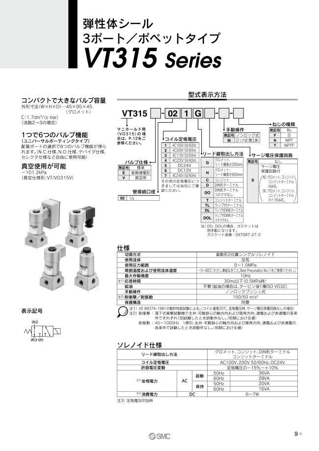 3ポートソレノイドバルブ ポペットタイプ 弾性体シール VT315シリーズ | SMC | MISUMI(ミスミ)