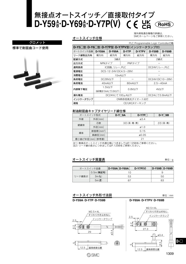 D-Y59B | 無接点オートスイッチ 直接取付タイプ D-Y59・D-Y69・D-Y7P（V） | SMC | MISUMI(ミスミ)