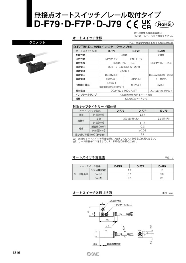 D-F79 | 無接点オートスイッチ レール取付タイプ D-F79・D-F7P・D-J79 | SMC | MISUMI(ミスミ)