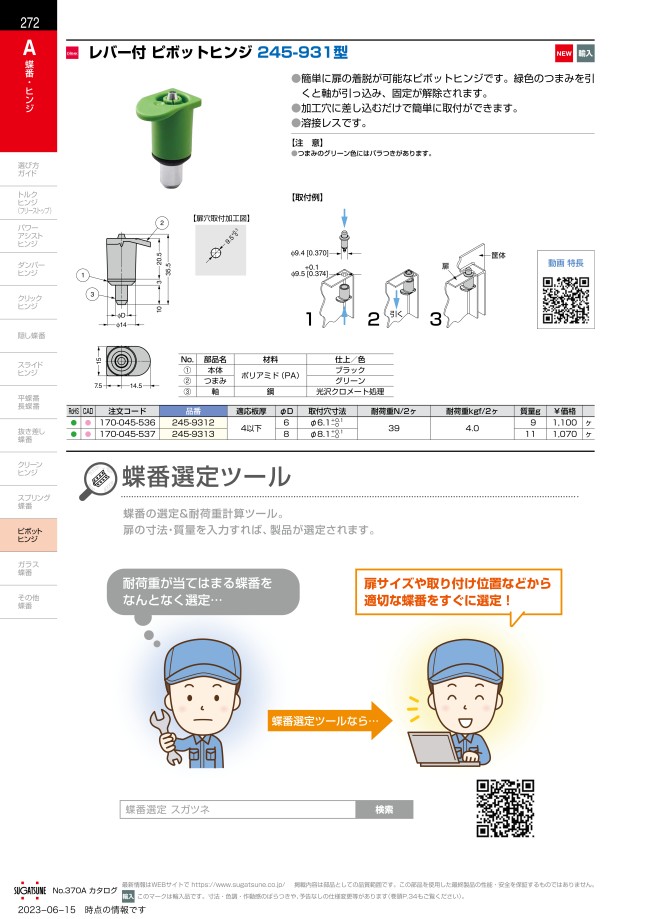 DIRAK レバー付 ピボットヒンジ 245-931型 | スガツネ工業 | MISUMI(ミスミ)