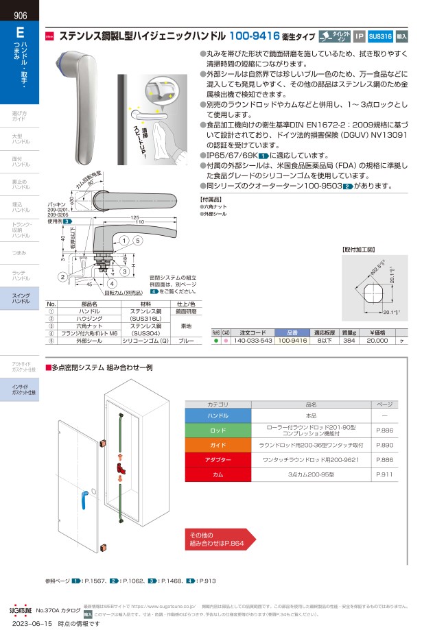 DIRAK ステンレス鋼製L型ハイジェニックハンドル 100-9416 衛生タイプ | スガツネ工業 | MISUMI(ミスミ)