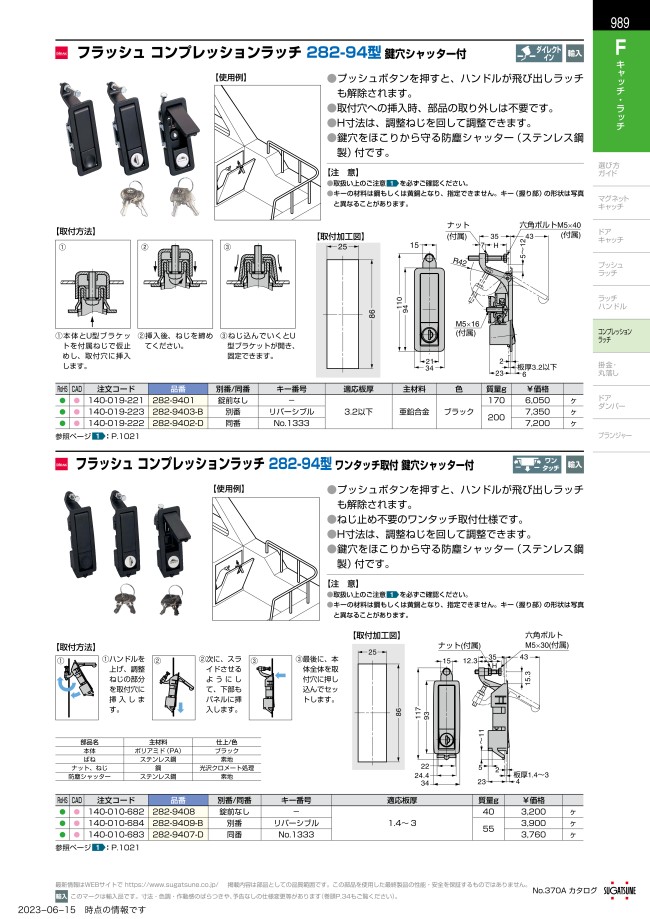 DIRAK フラッシュ コンプレッションラッチ 282-94型 鍵穴シャッター付 | スガツネ工業 | MISUMI(ミスミ)