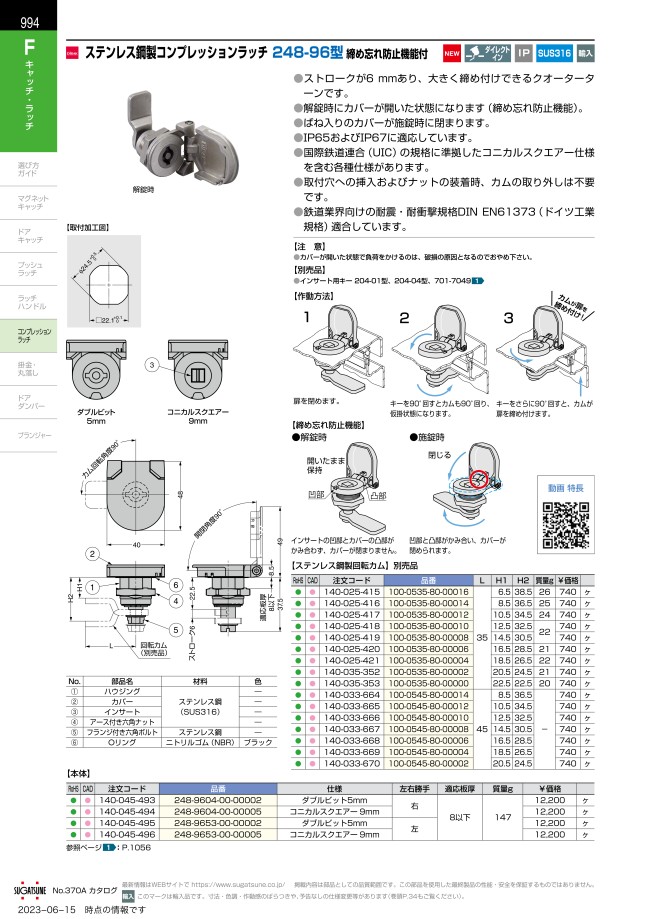 DIRAK ステンレス鋼製コンプレッションラッチ 248-96型 締め忘れ防止機能付 | スガツネ工業 | MISUMI(ミスミ)