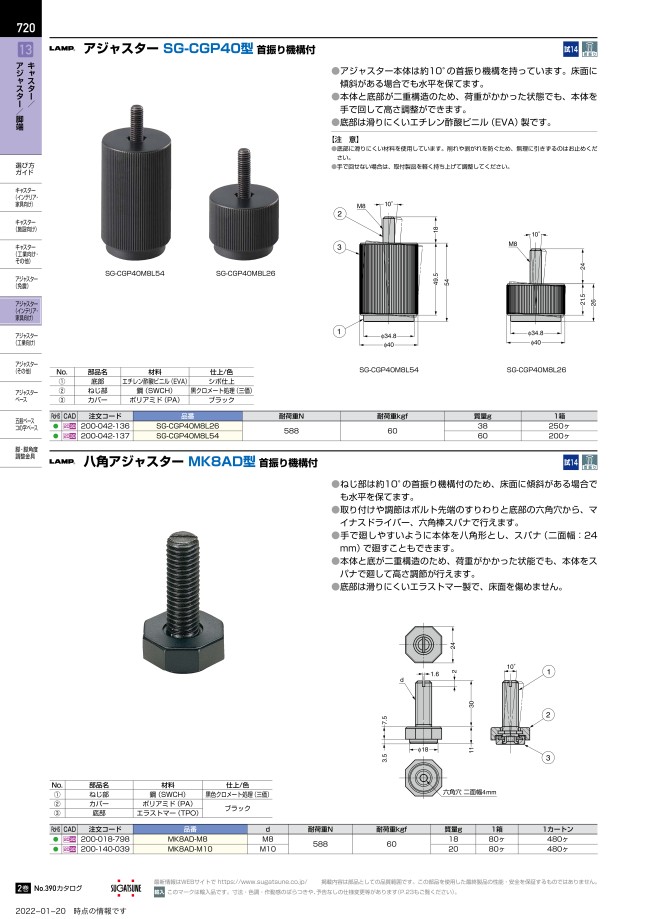 MK8AD-M8 | LAMP 八角アジャスター MK8AD型 首振り機構付 | スガツネ工業 | MISUMI(ミスミ)