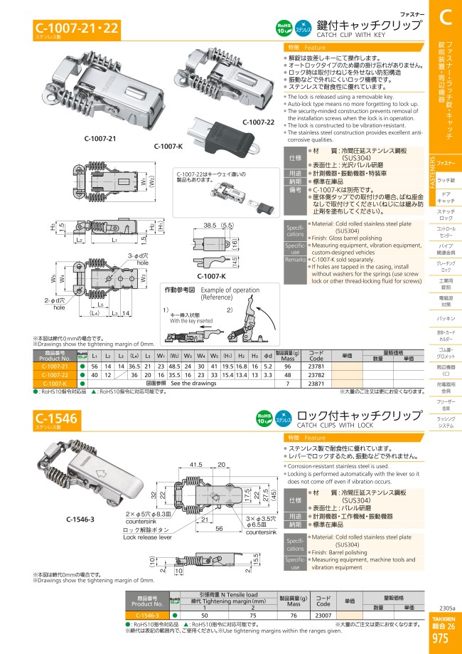 ステンレス鍵付キャッチクリップ C-1007-21 | タキゲン製造 | MISUMI(ミスミ)