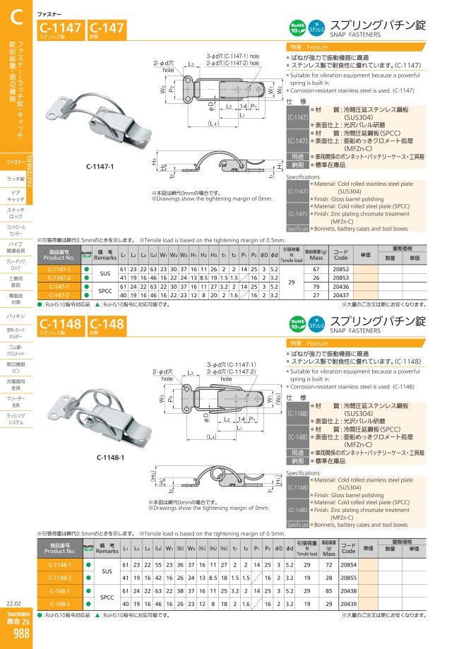 C-1147-1 | ステンレススプリングパチン錠 C-1147 | タキゲン製造 | MISUMI(ミスミ)
