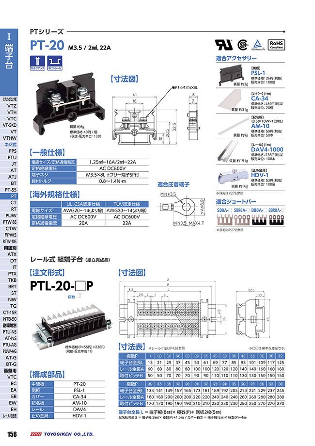 PT-150 | レール対応端子台 PTシリーズ | 東洋技研 | ミスミ | 391-8785