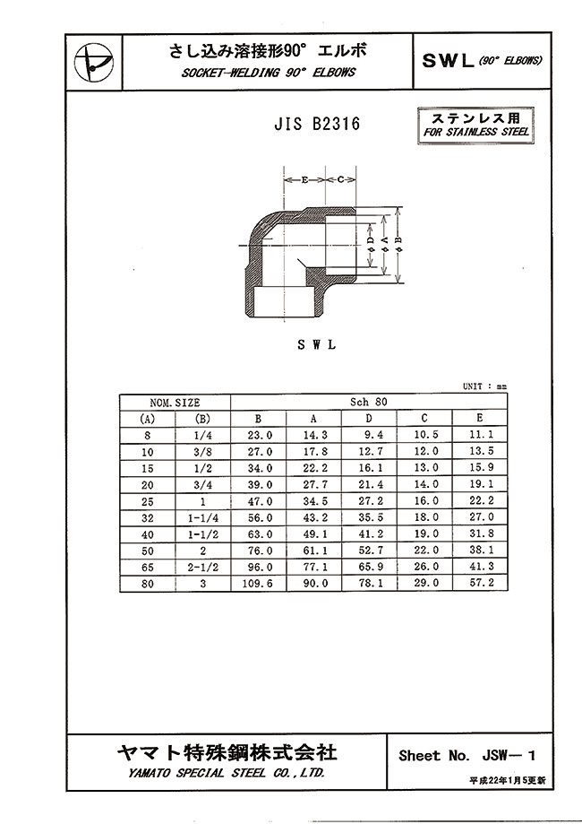 SWL-25A-SCH80 | さし込み溶接形90°エルボ（SWL） | ヤマト特殊鋼 | MISUMI(ミスミ)